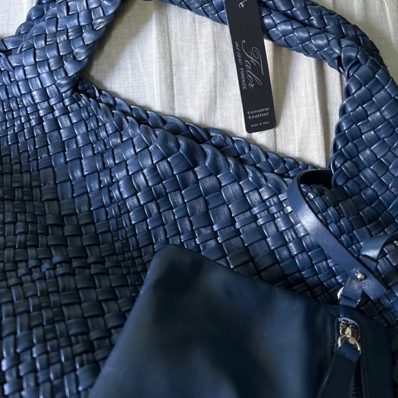 Falor | Bags | Falor Italy Leather Woven Tote With Pouch Navy Blue ...